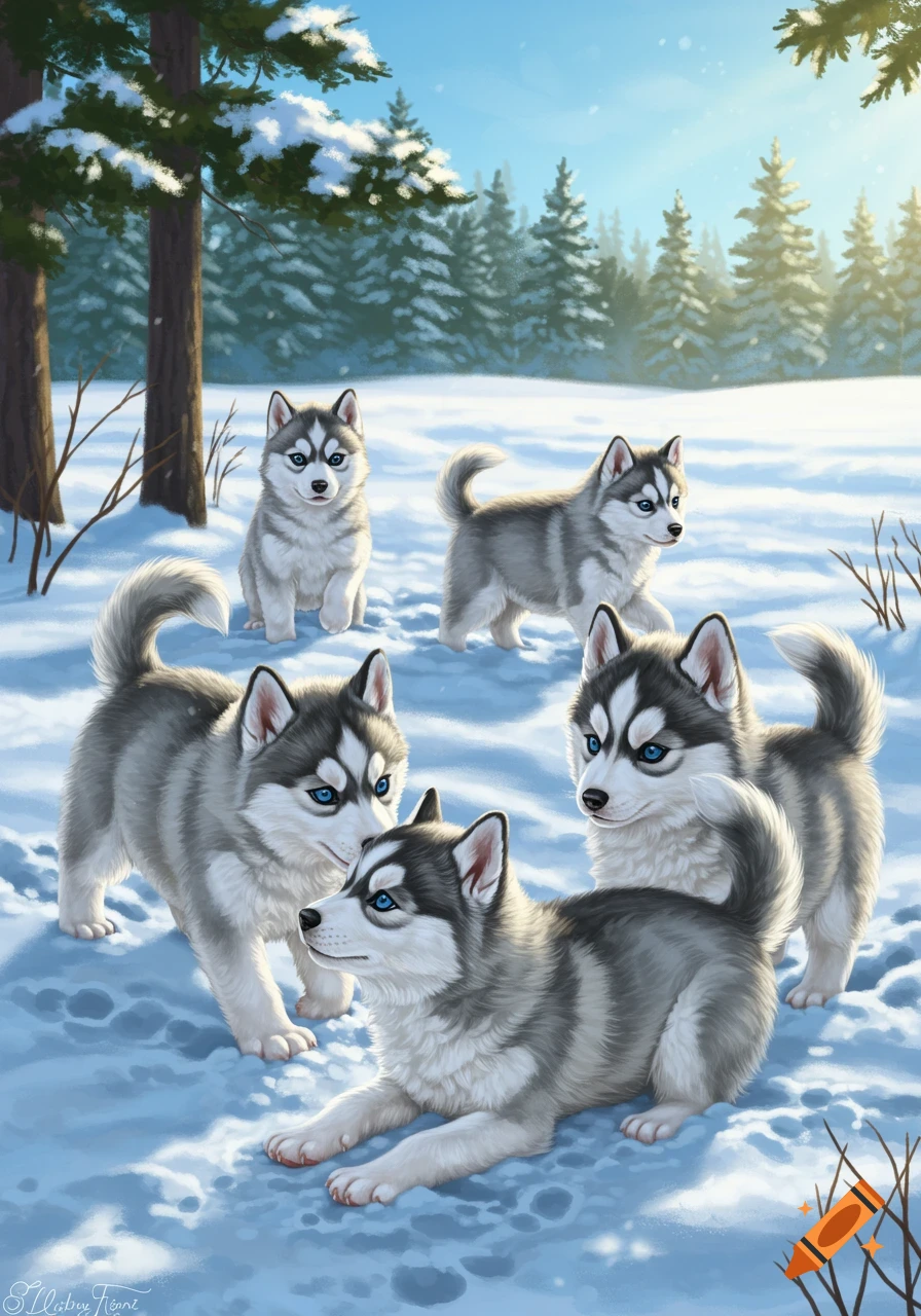 Five husky puppies in a snowy forest on Craiyon