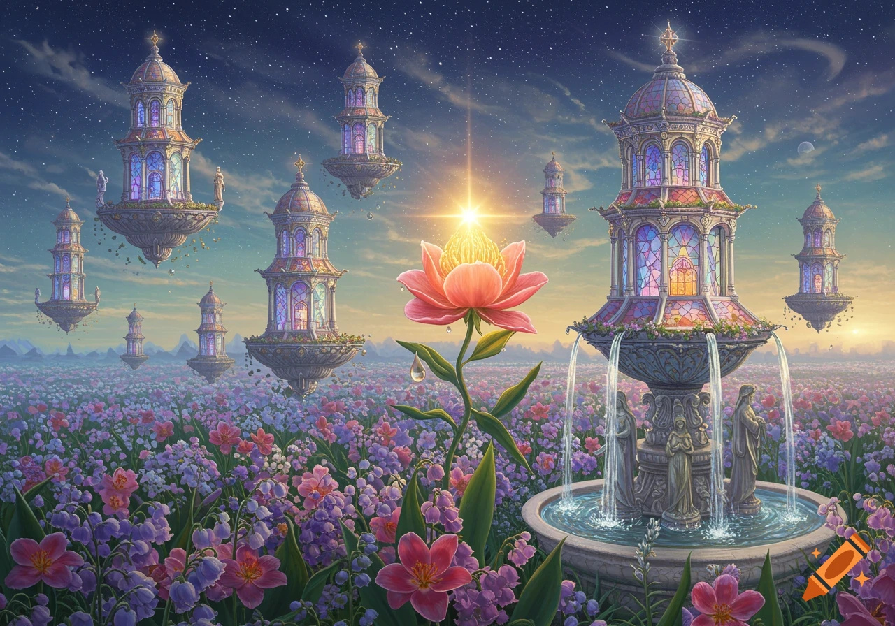 Fantasy landscape with floating towers above a flower field, a bright ...