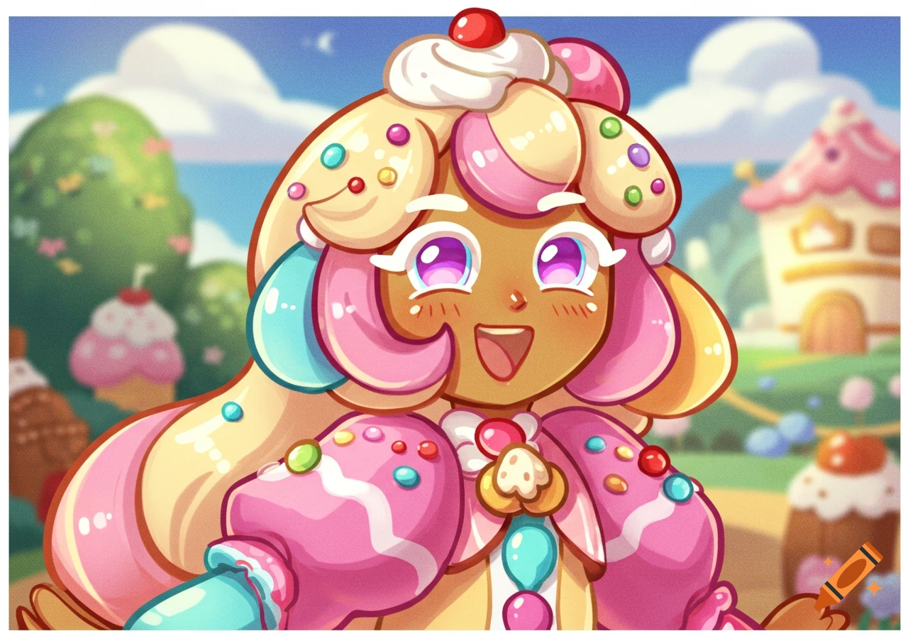 Cartoon cookie character smiling in a candy landscape, Cookie Run ...