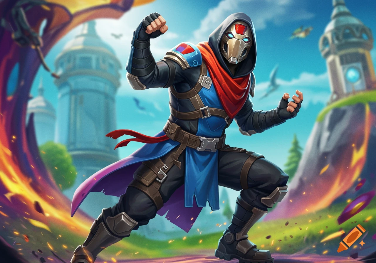 A masked figure in blue and black armor with a red scarf stands in a ...