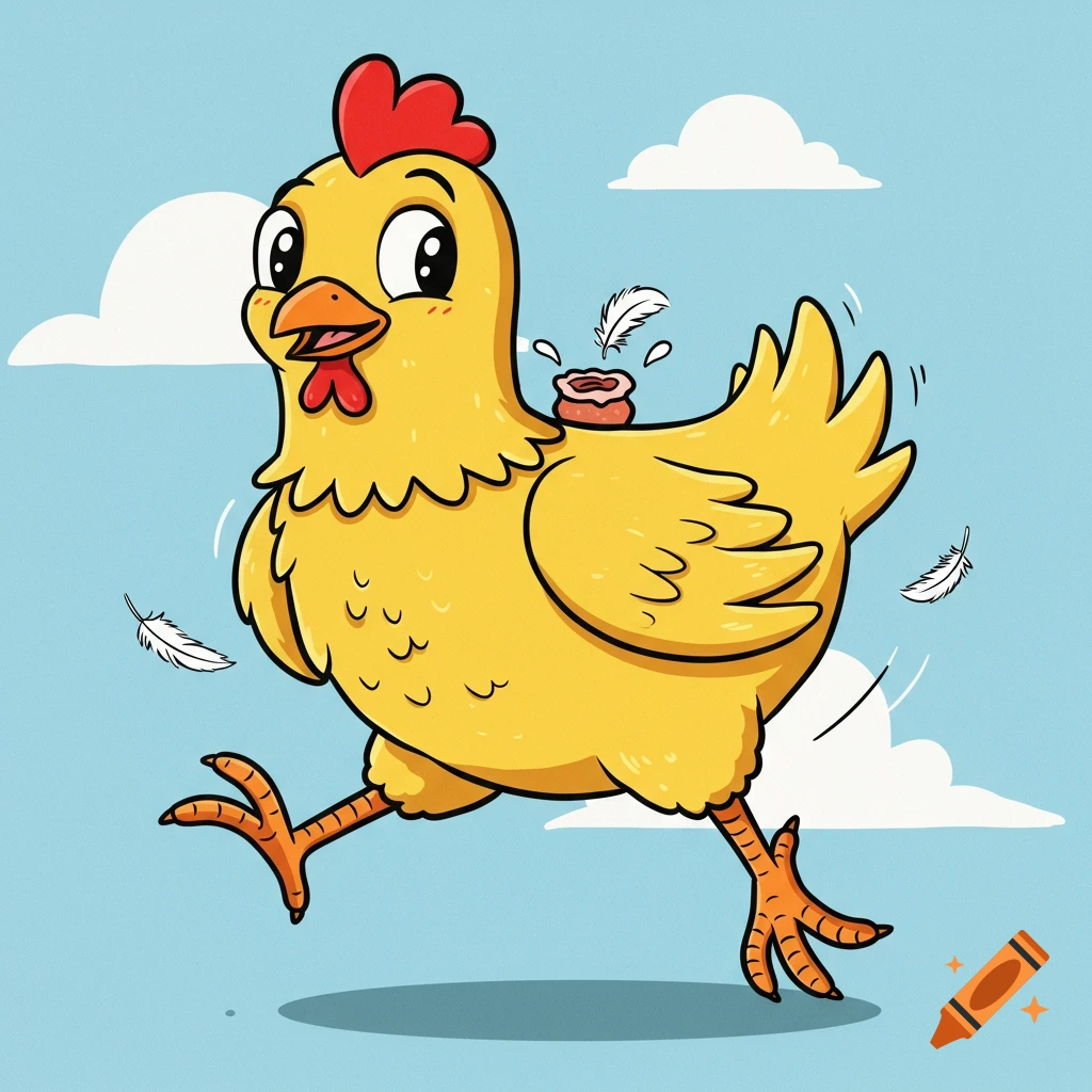 Cartoon yellow chicken running with a hole on its back where its head ...