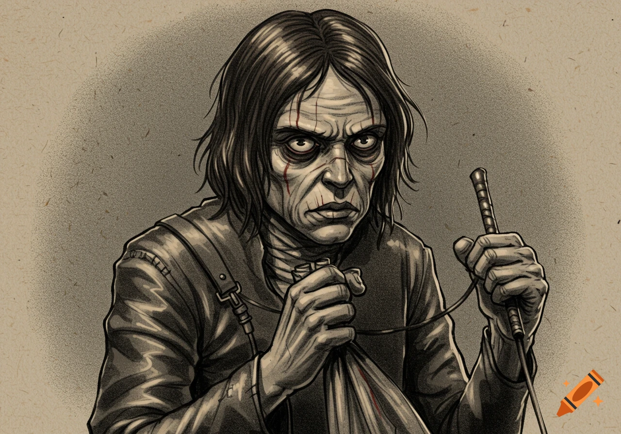 Illustration of a creepy, gaunt figure with scars holding a bag and rod ...