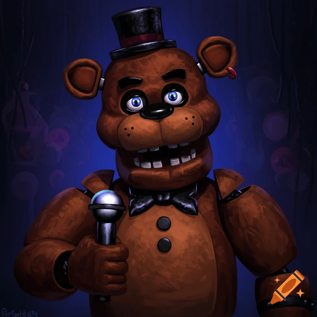 Digital painting of Freddy Fazbear, a brown animatronic bear in a top ...