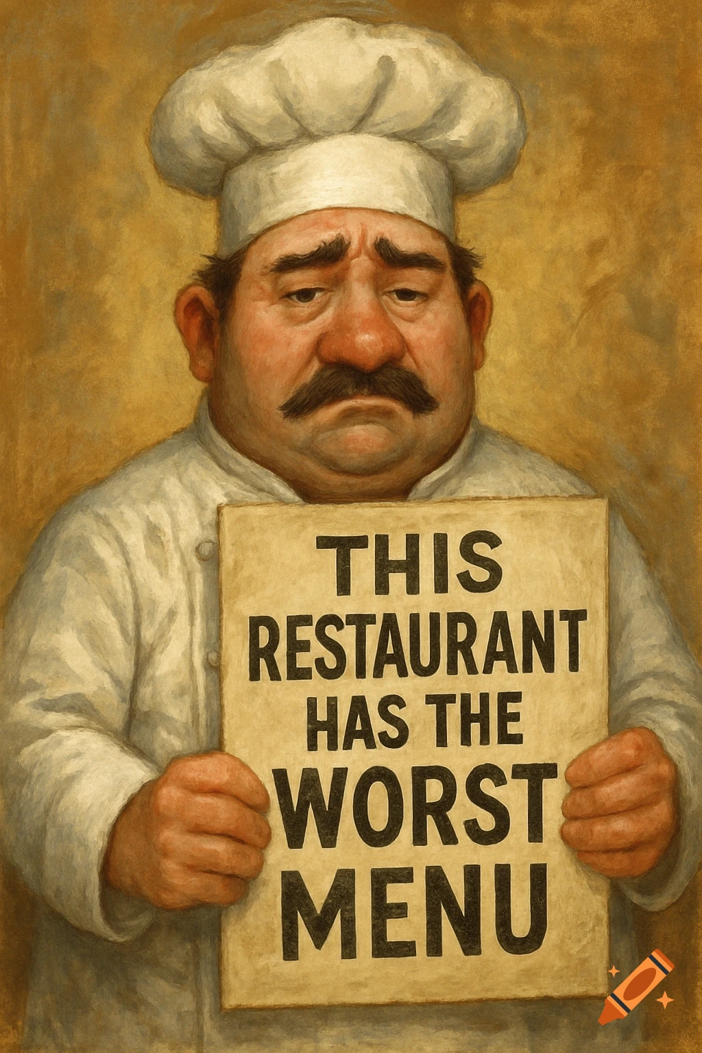 A sad chef holds a sign that reads "This restaurant has the worst menu ...