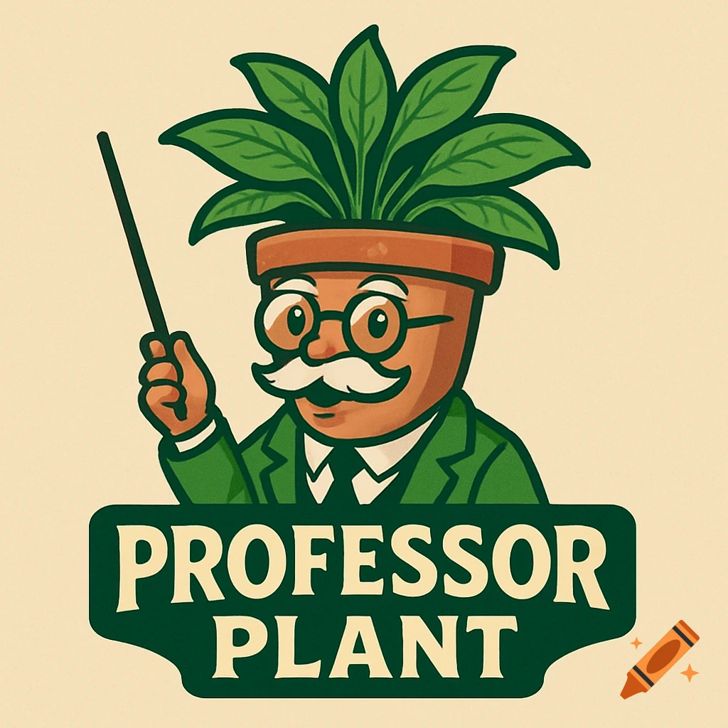 Cartoon logo of a potted plant dressed as a professor pointing, with ...