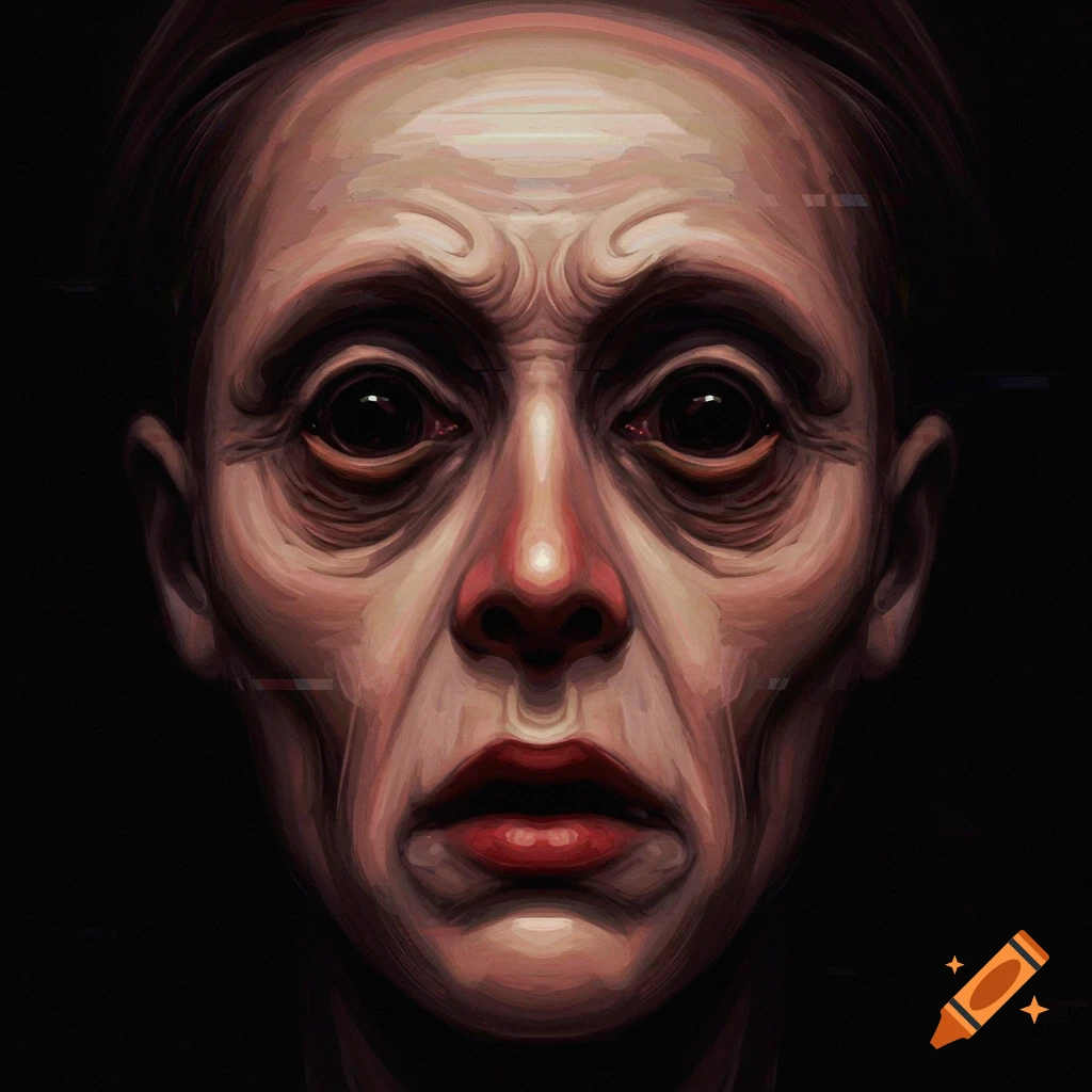 Close-up painterly portrait of a distorted, creepy face with dark eyes ...