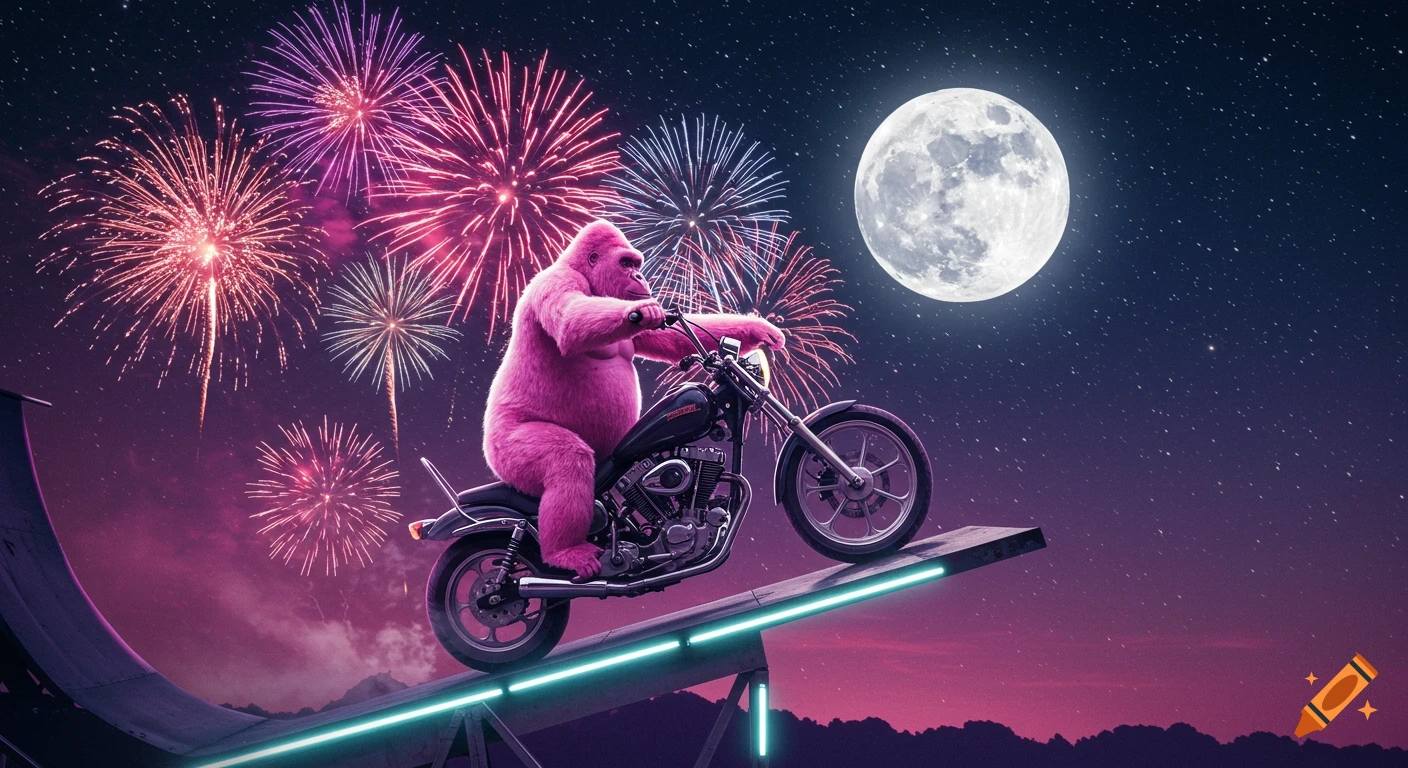 A pink gorilla rides a motorcycle off a ramp at night with fireworks ...