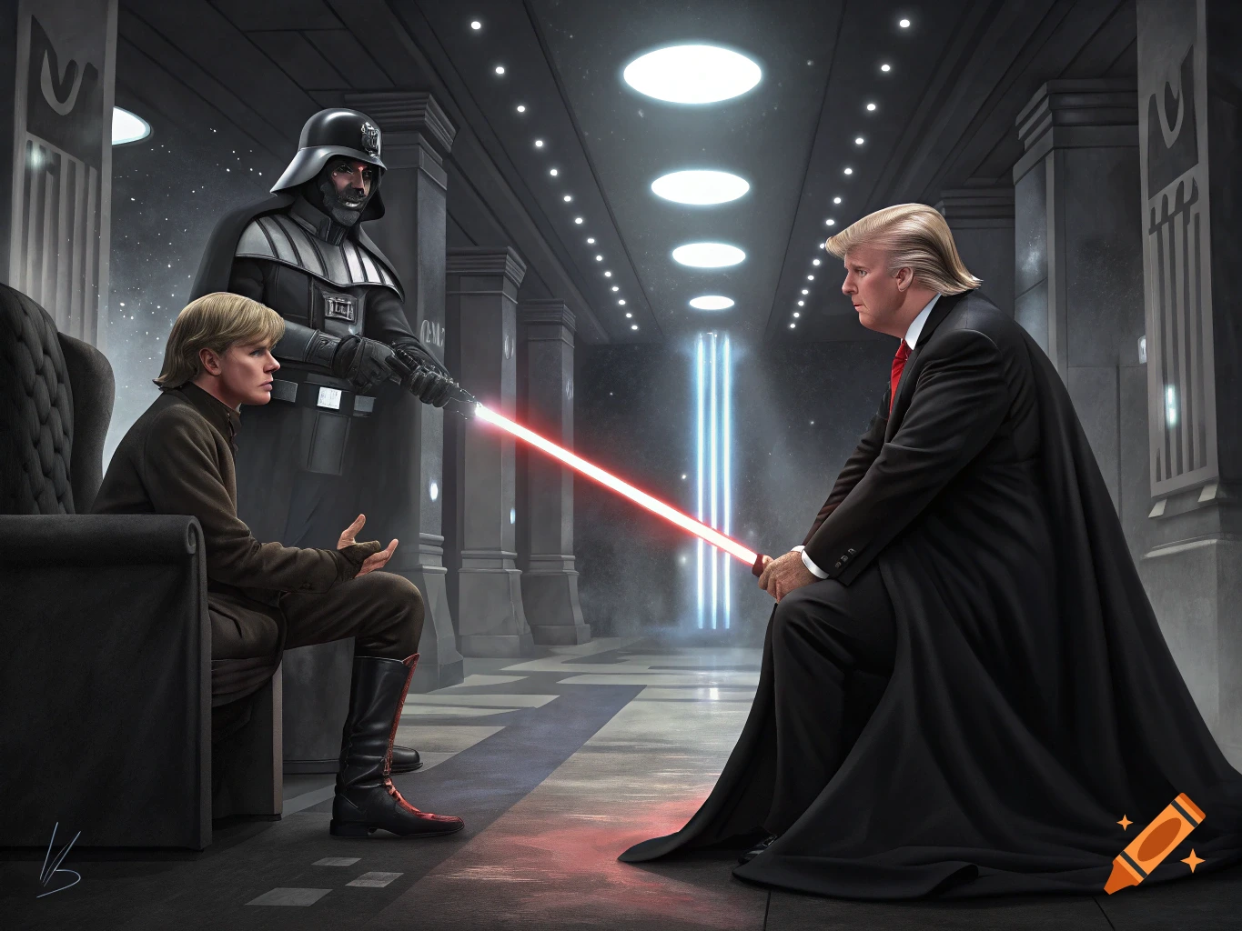 Luke Skywalker sits across from Donald Trump dressed as Darth Vader ...