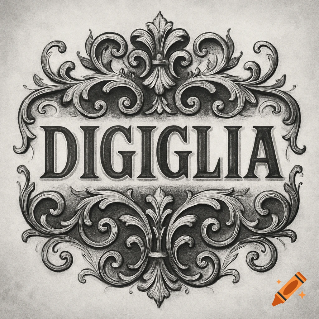 Black and white drawing of the word DIGIGLIA inside an ornate floral ...