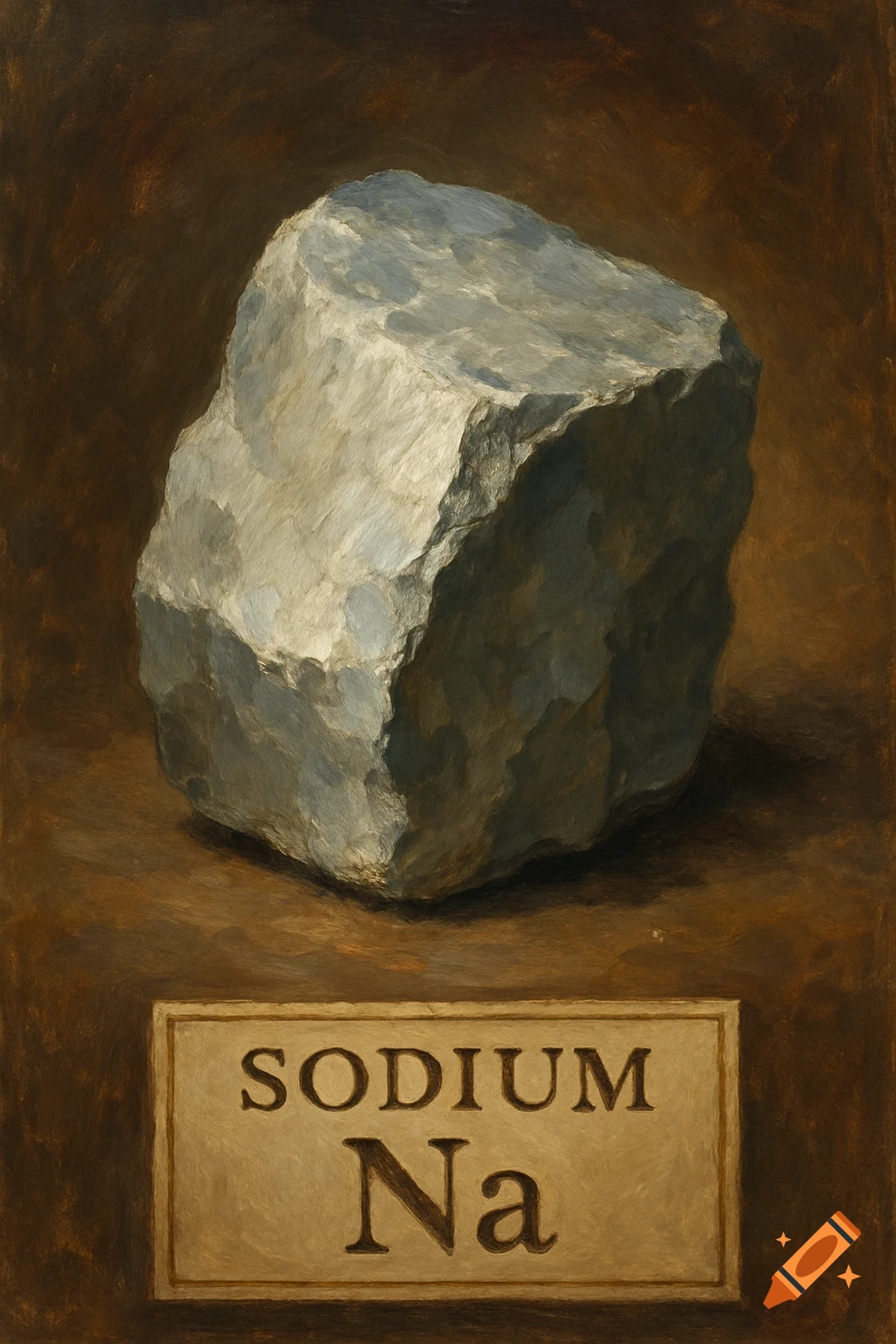 A painted still life of a grey rock labeled 'SODIUM Na'. on Craiyon