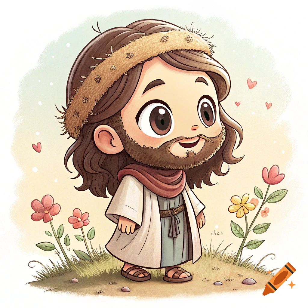 Cute cartoon illustration of chibi Jesus standing in a field of flowers ...