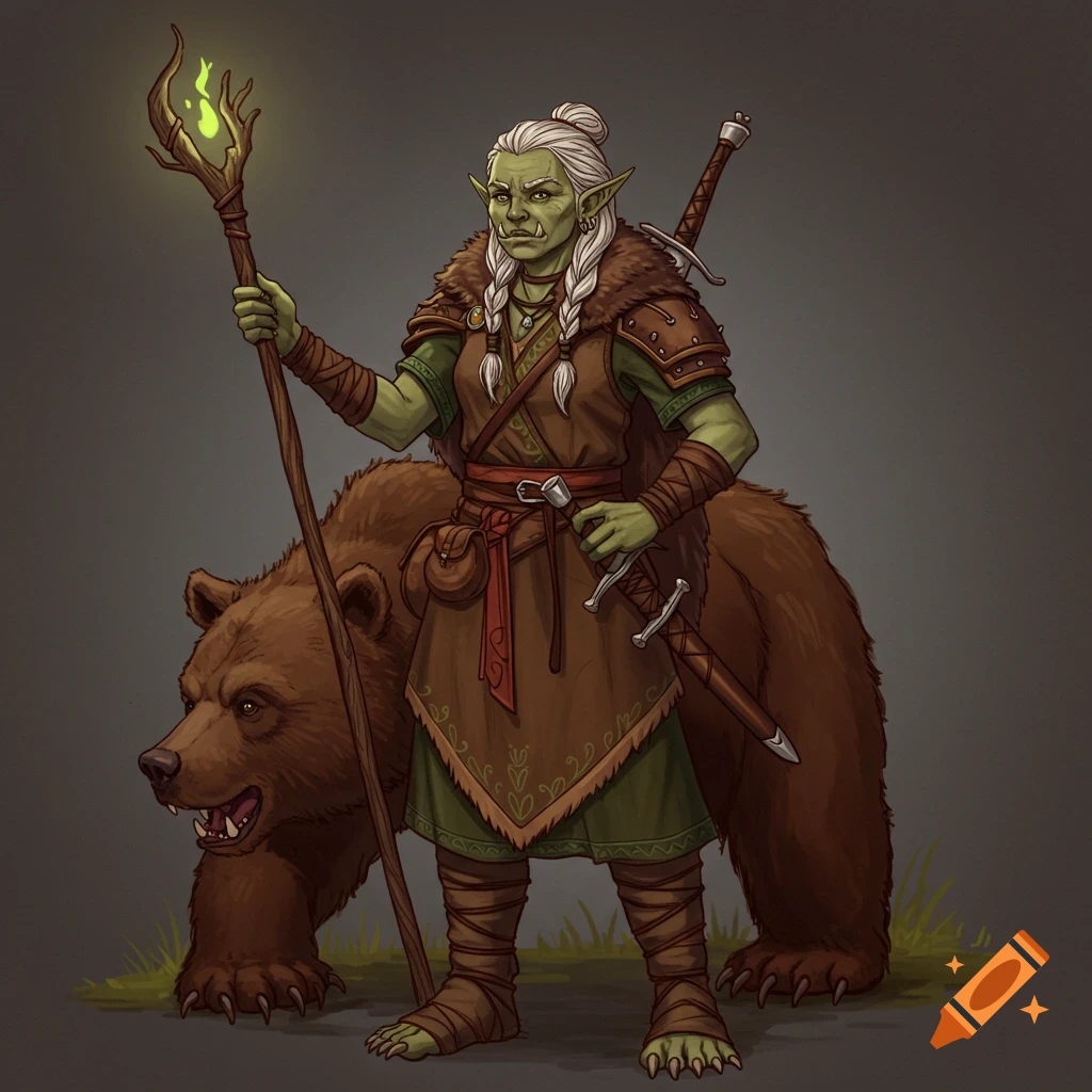 Illustration of a green-skinned half-orc druid standing with a large ...