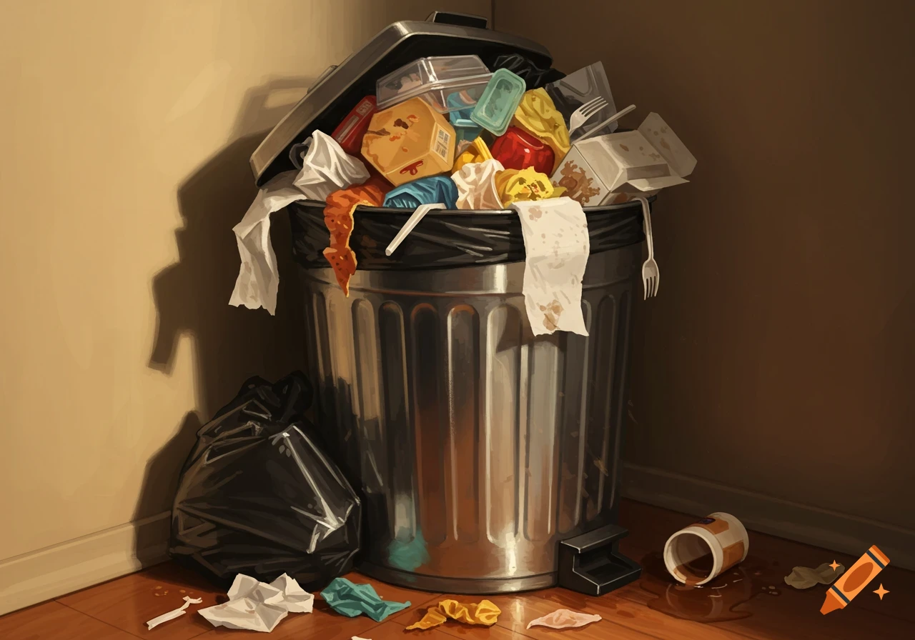 An overfilled metal trash can sits in the corner of a room, spilling ...