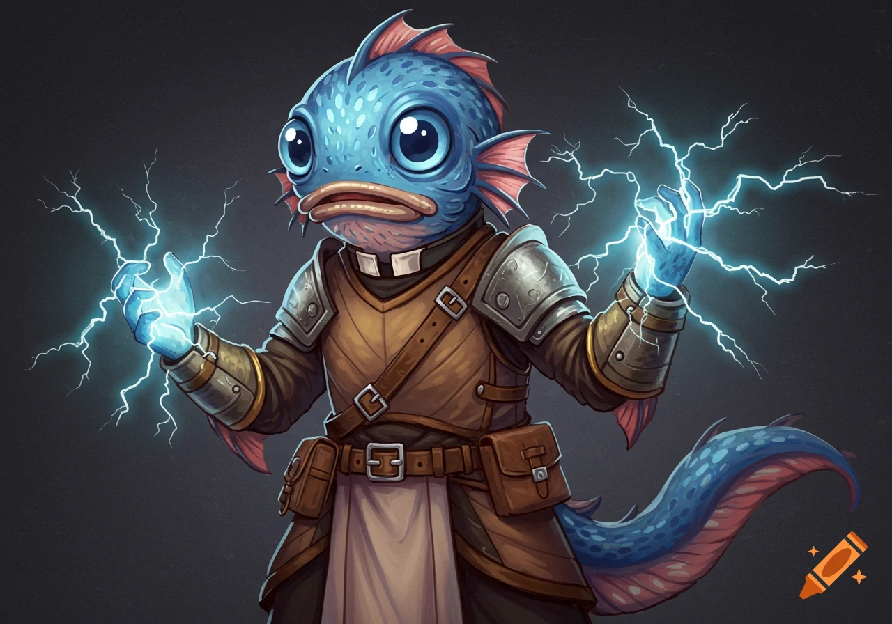 A blue fish creature in fantasy armor holds lightning in its hands. on ...