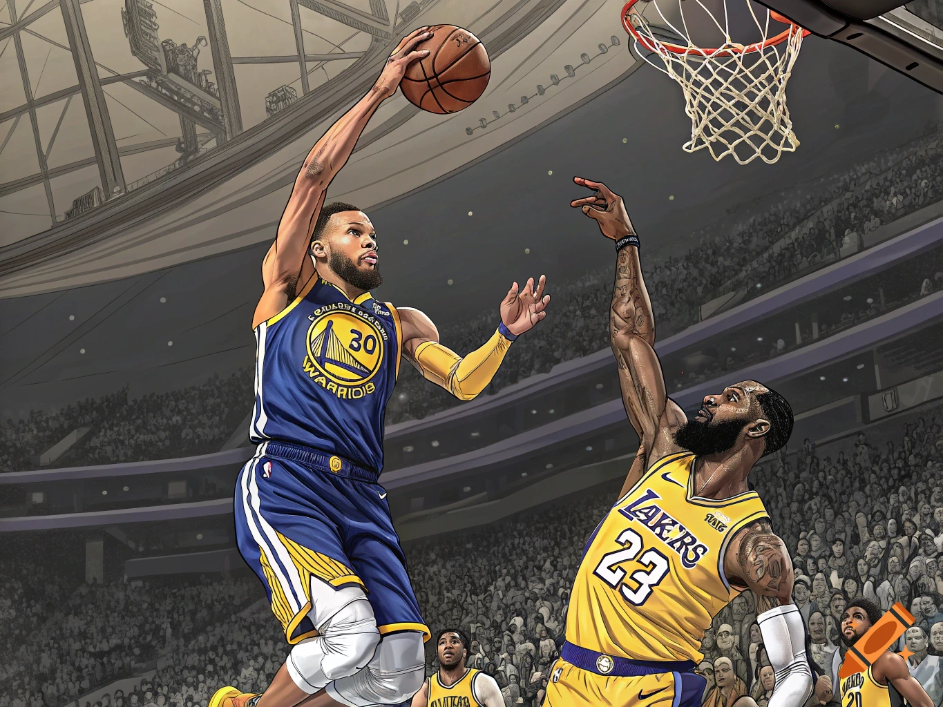 Illustration of Stephen Curry dunking over Lebron James during a basketball game. on Craiyon