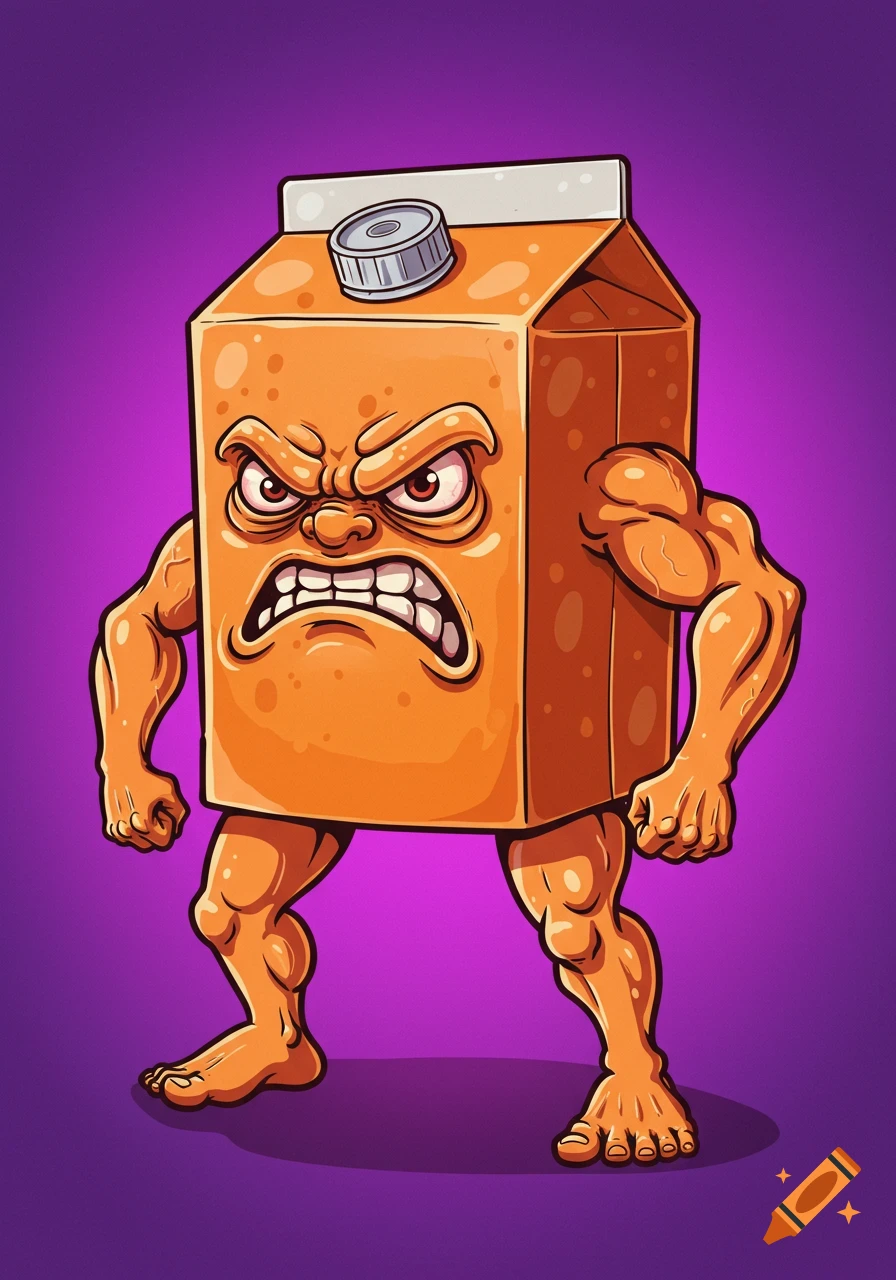 Cartoon illustration of an angry juice box with muscular human arms and ...