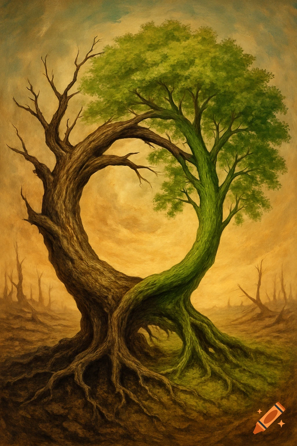 Painting of two intertwined trees, one dead brown and gnarled, the ...