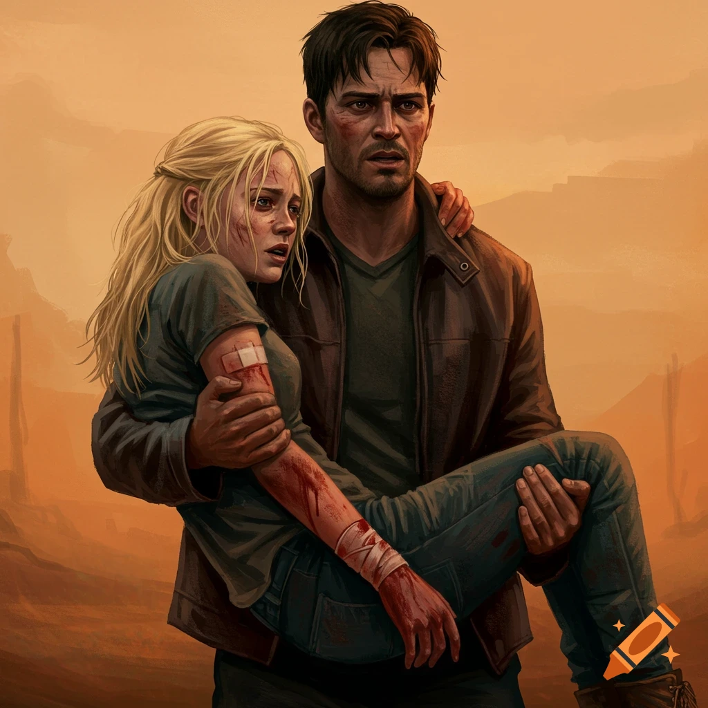 Detailed illustration of a man carrying an injured blonde woman in a ...