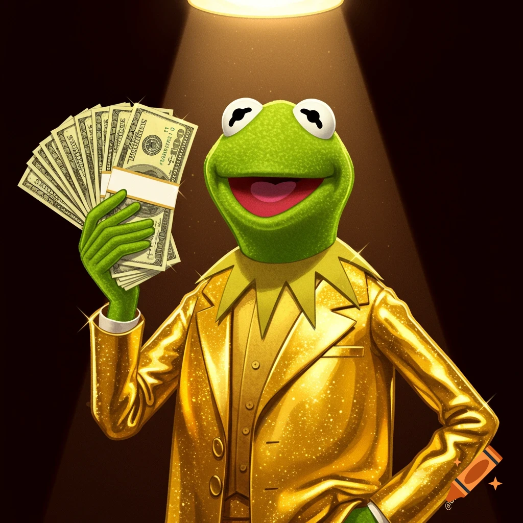 Kermit the Frog in a golden suit holds a fan of US dollar bills under a ...