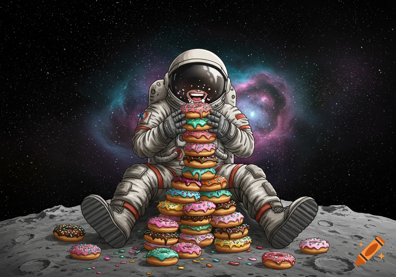 Cartoon astronaut sitting on the moon eating a tall stack of donuts on ...