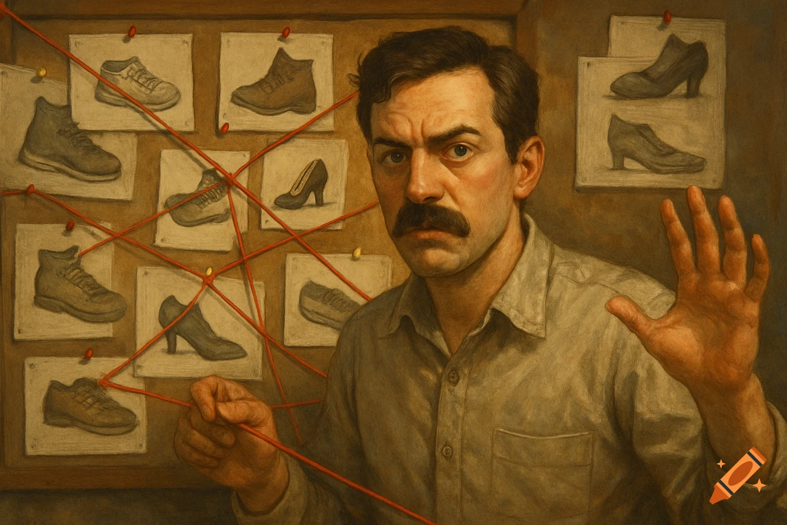 Man with mustache looks at a board of shoes connected by red string ...