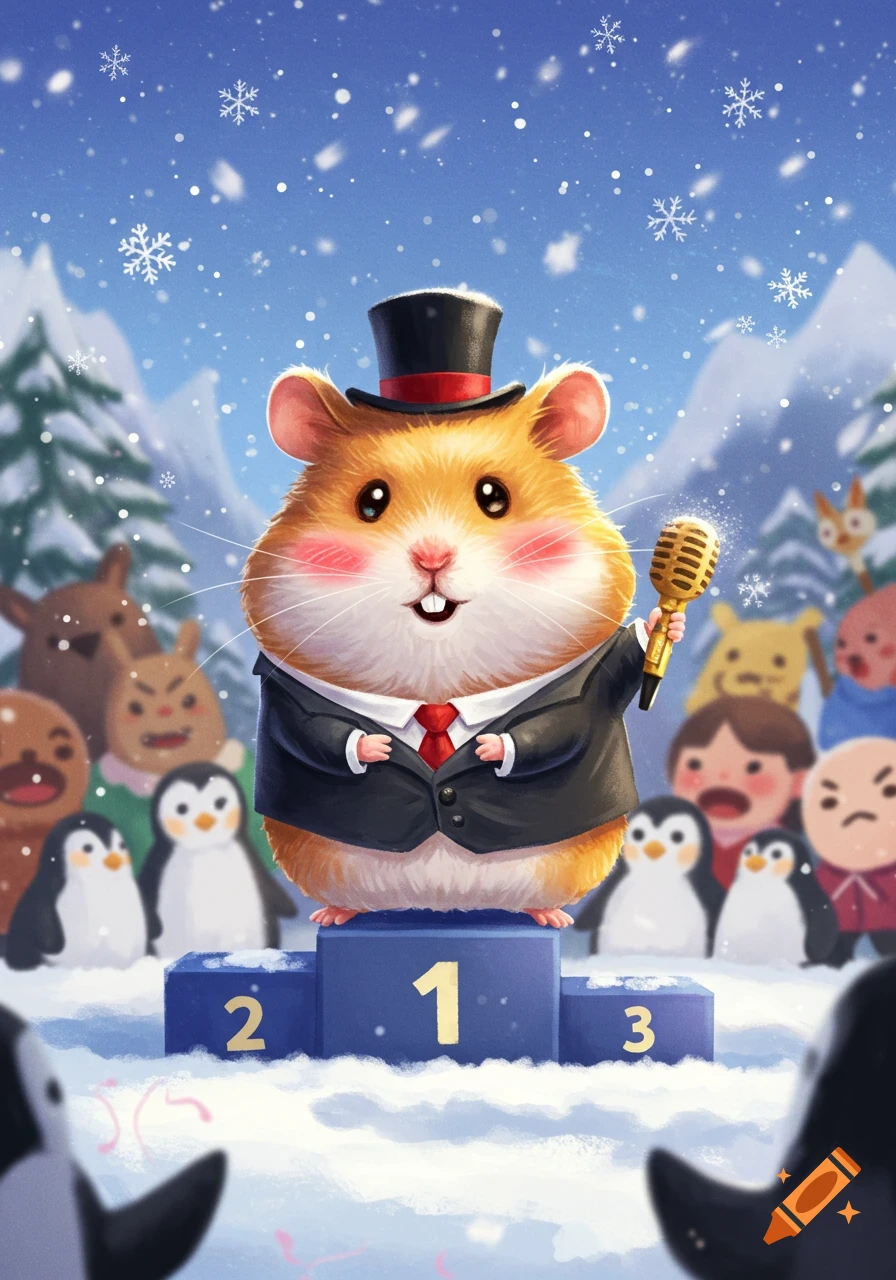Cute illustrated hamster in a suit on a winner's podium in the snow ...