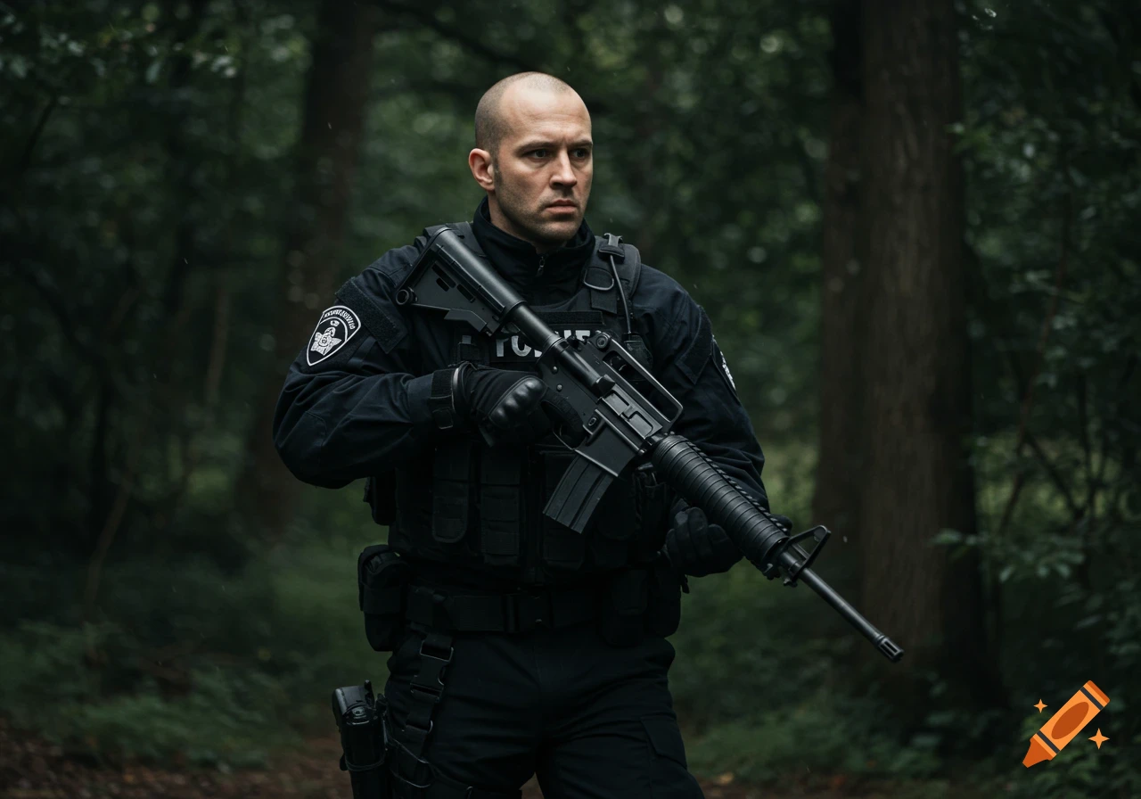 A bald male police or swat officer in a black uniform holds a rifle in ...