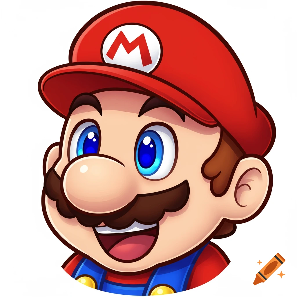 Illustration of Mario's head smiling in an emoji style on Craiyon