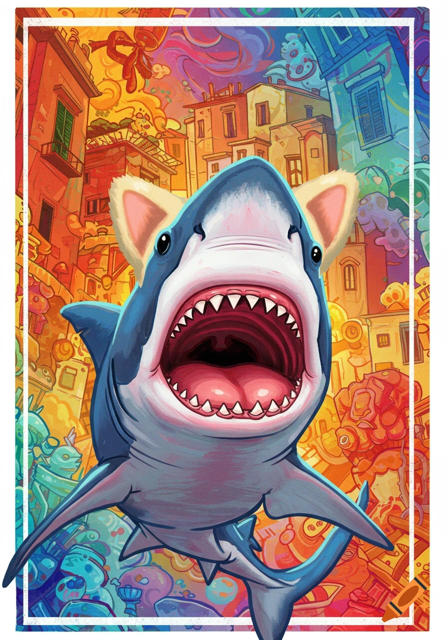 A cartoon shark with cat ears and open mouth, in a vibrant, surreal ...