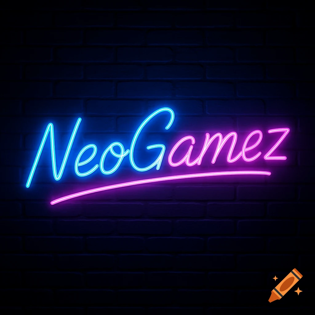 Neon sign spelling 'NeoGamez' in blue and pink on a brick wall on Craiyon