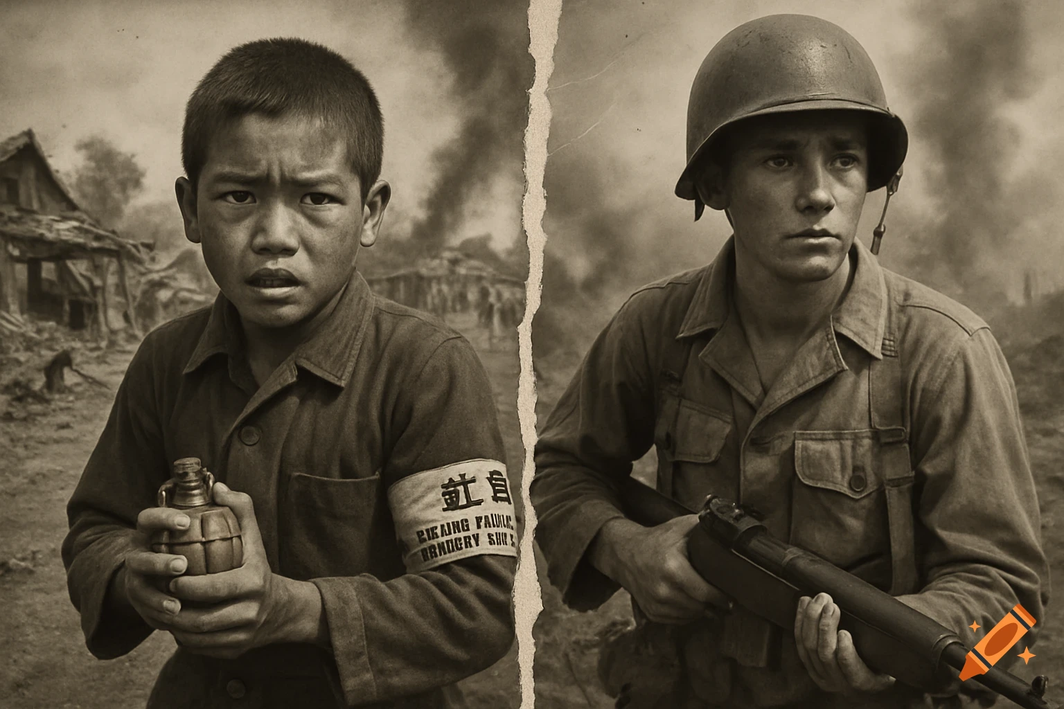 Vintage black and white photo of a boy with a grenade and a soldier ...