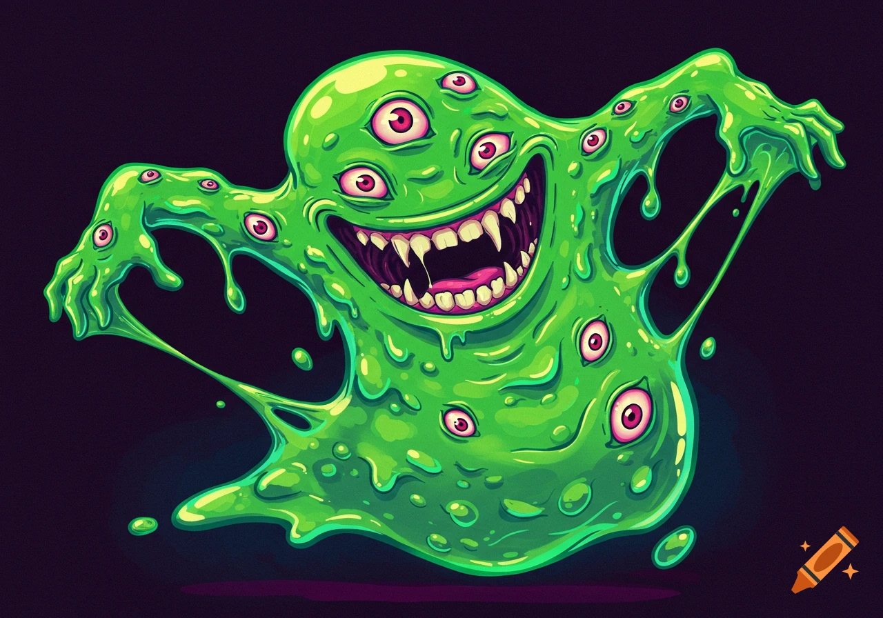A green slime monster with many eyes and sharp teeth against a dark ...