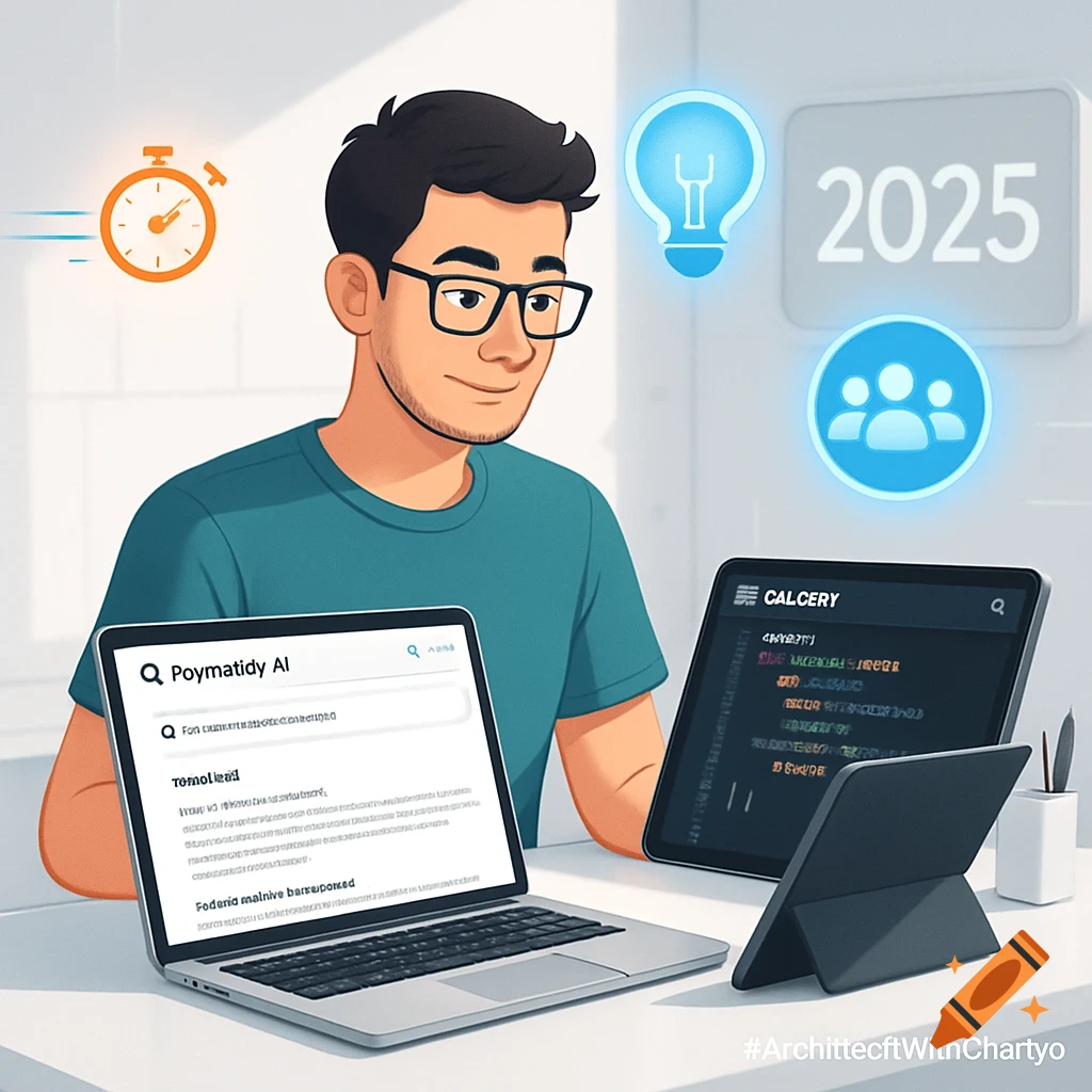 Illustration of a developer working with a laptop and tablet surrounded ...