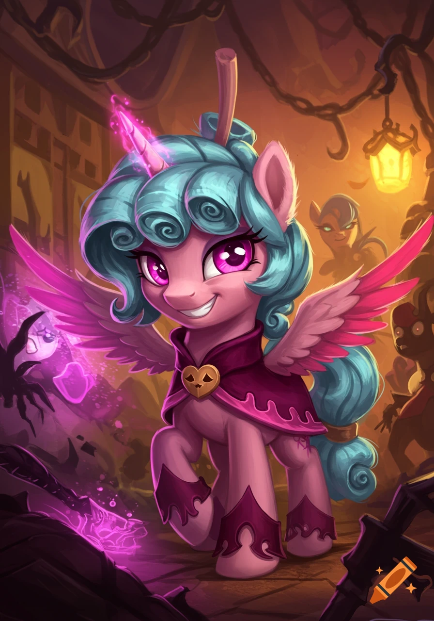 A pink pony character with teal curly hair and wings smiles in a dark ...