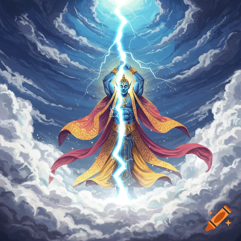 An illustration of a blue-skinned god in elaborate robes holding a ...