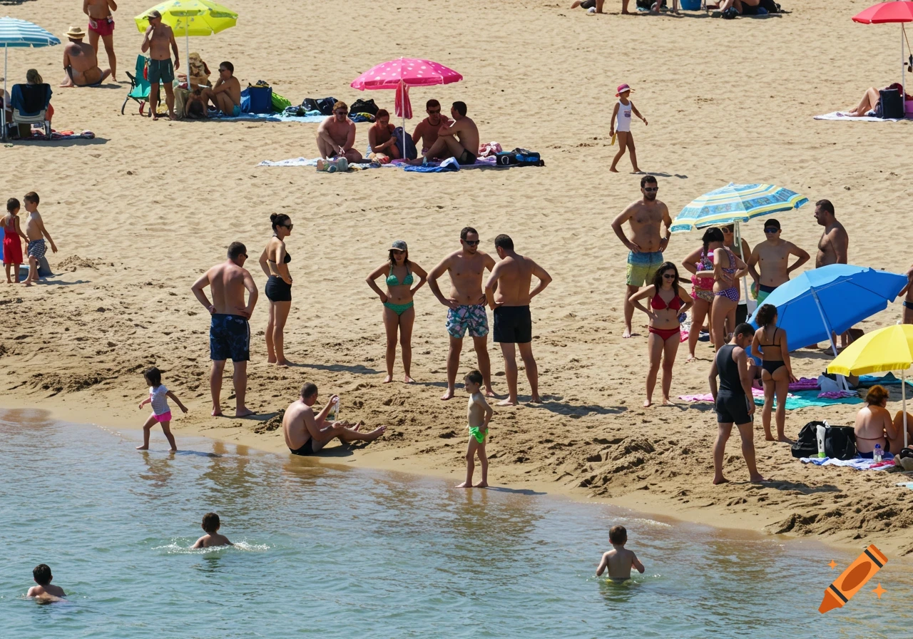 A crowd of people are swimming and relaxing on a sunny sandy beach with ...