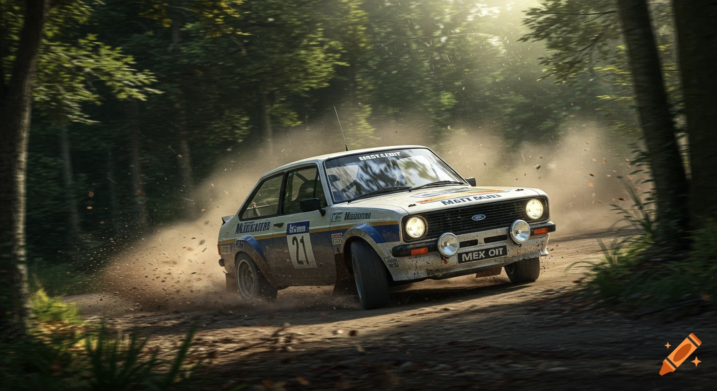 White rally car kicks up dust on a dirt road in a forest ...