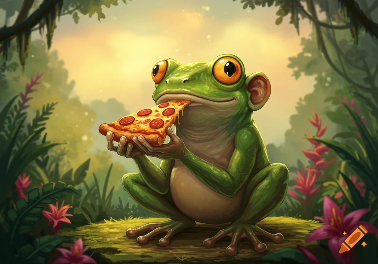 Cartoon frog eating a slice of pepperoni pizza in a lush jungle ...