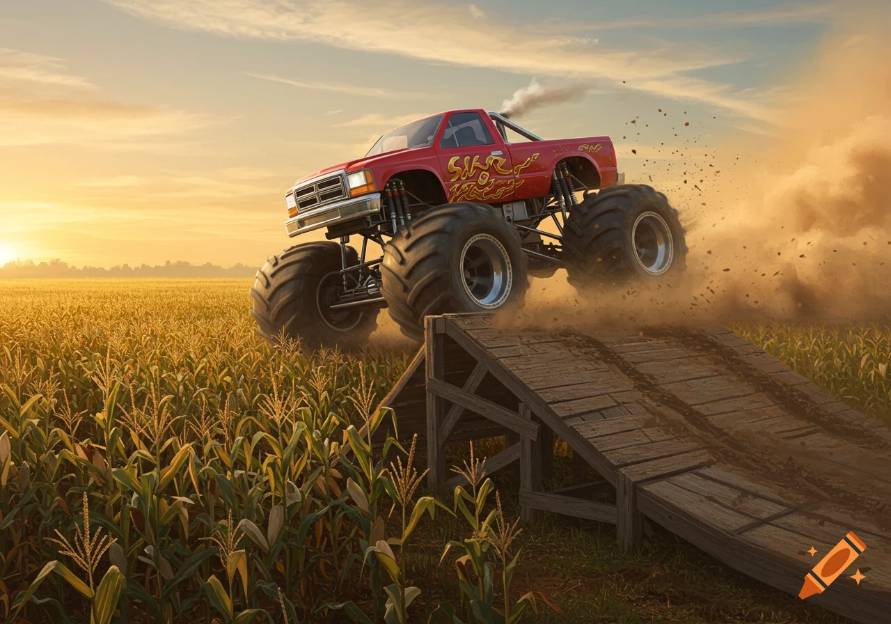A red monster truck jumps a wooden ramp in a golden cornfield at sunset ...