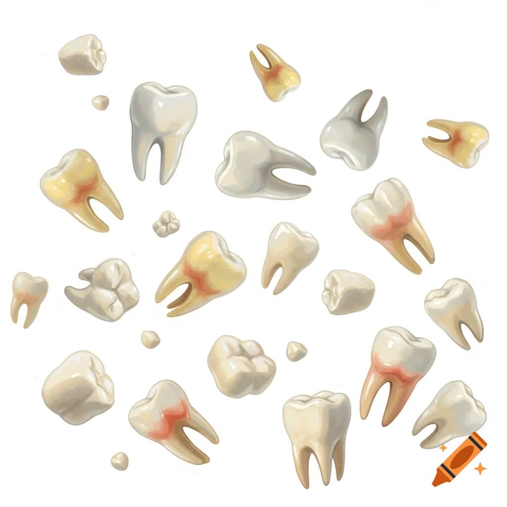 Various teeth and molars floating on a white background. on Craiyon