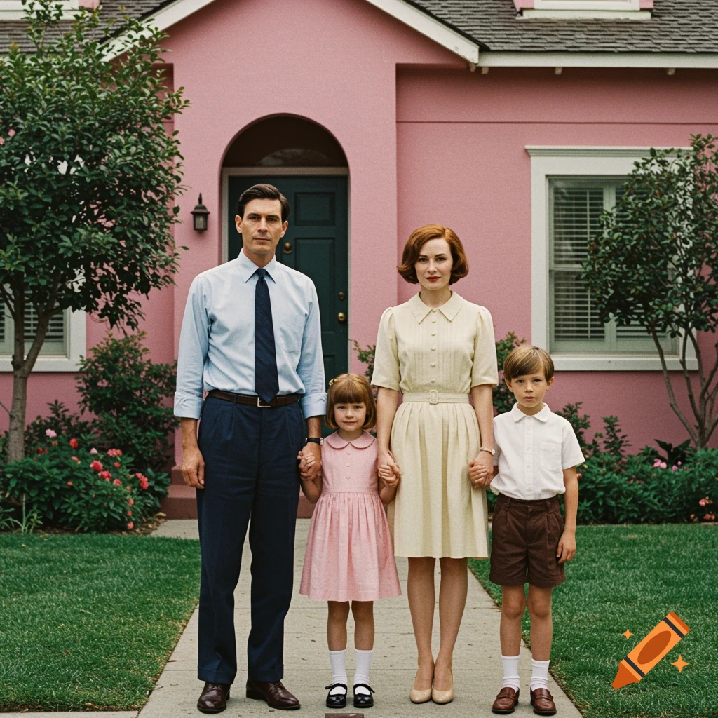 A family of four stands formally posed in front of a pink house, in the ...