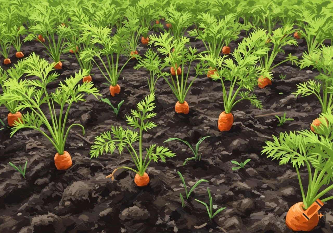 A field of carrots growing in soil in an illustration style. on Craiyon