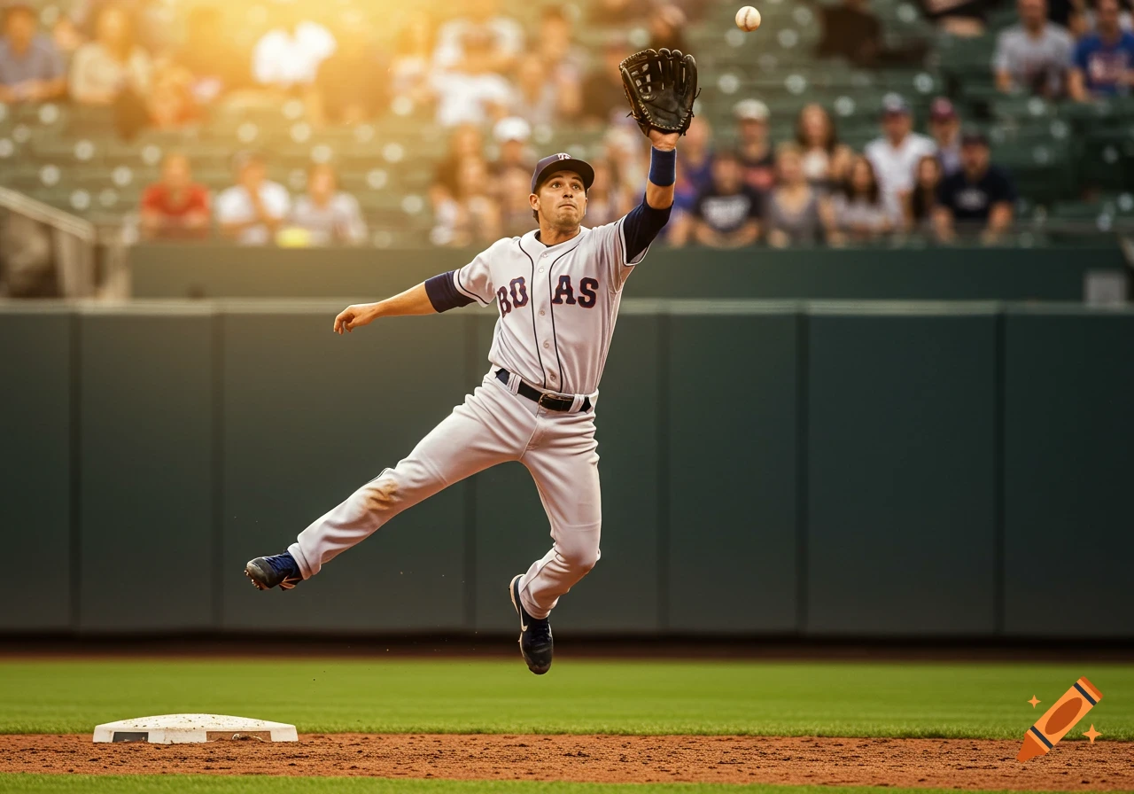 Baseball player leaping to catch a fly ball on a field on Craiyon