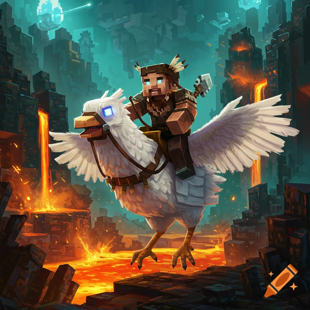 Blocky character riding a large white bird over lava in a detailed ...