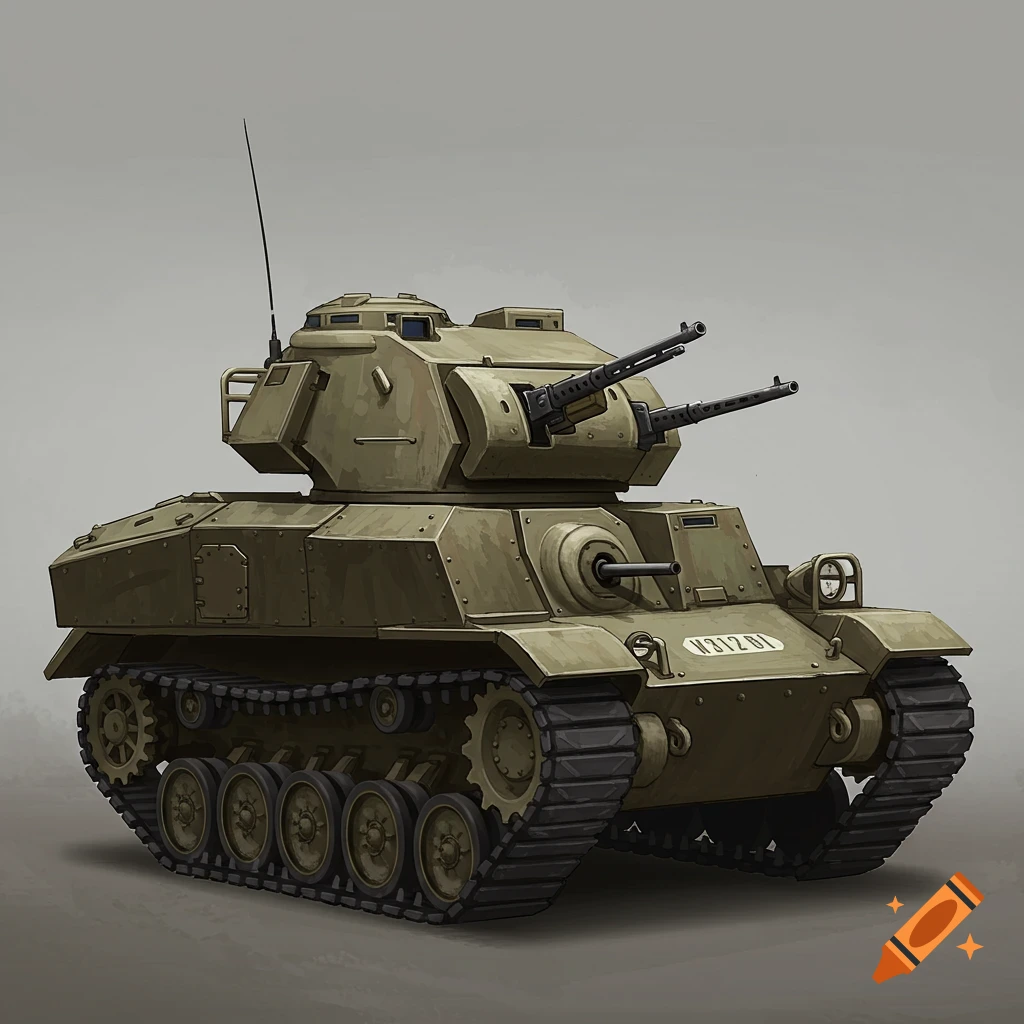 A stylized olive-green military tank with a dual machine gun turret and ...