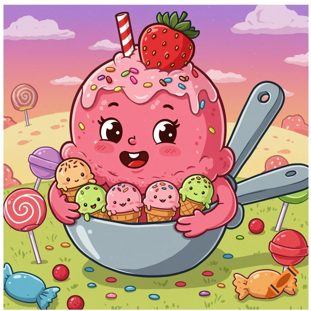 A cute cartoon ice cream scoop character holds smaller ice cream cones ...