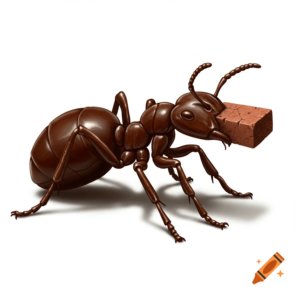 Illustration of a shiny chocolate ant carrying a brick in its mouth. on ...