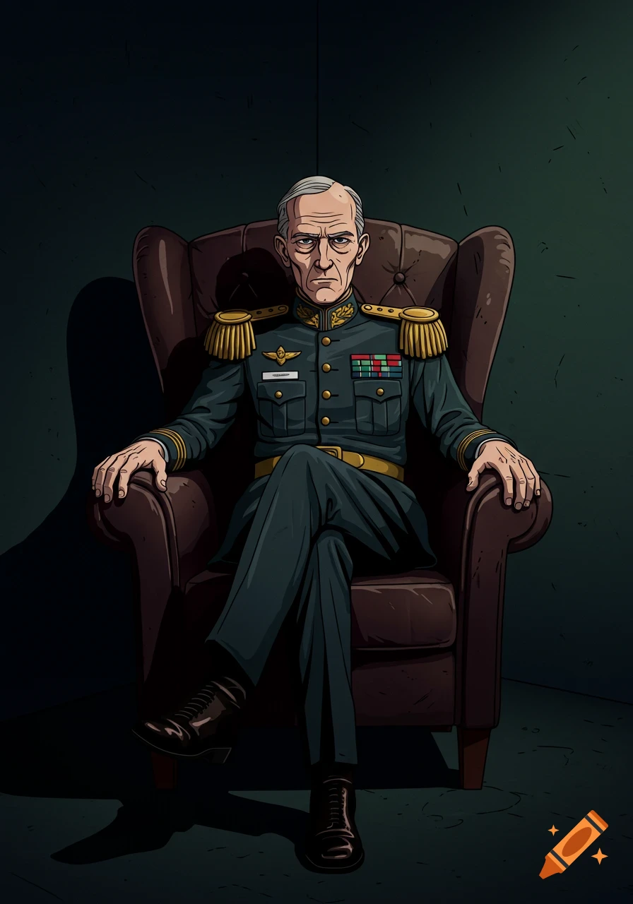 Illustration of a military general sitting in a chair in a dark room ...