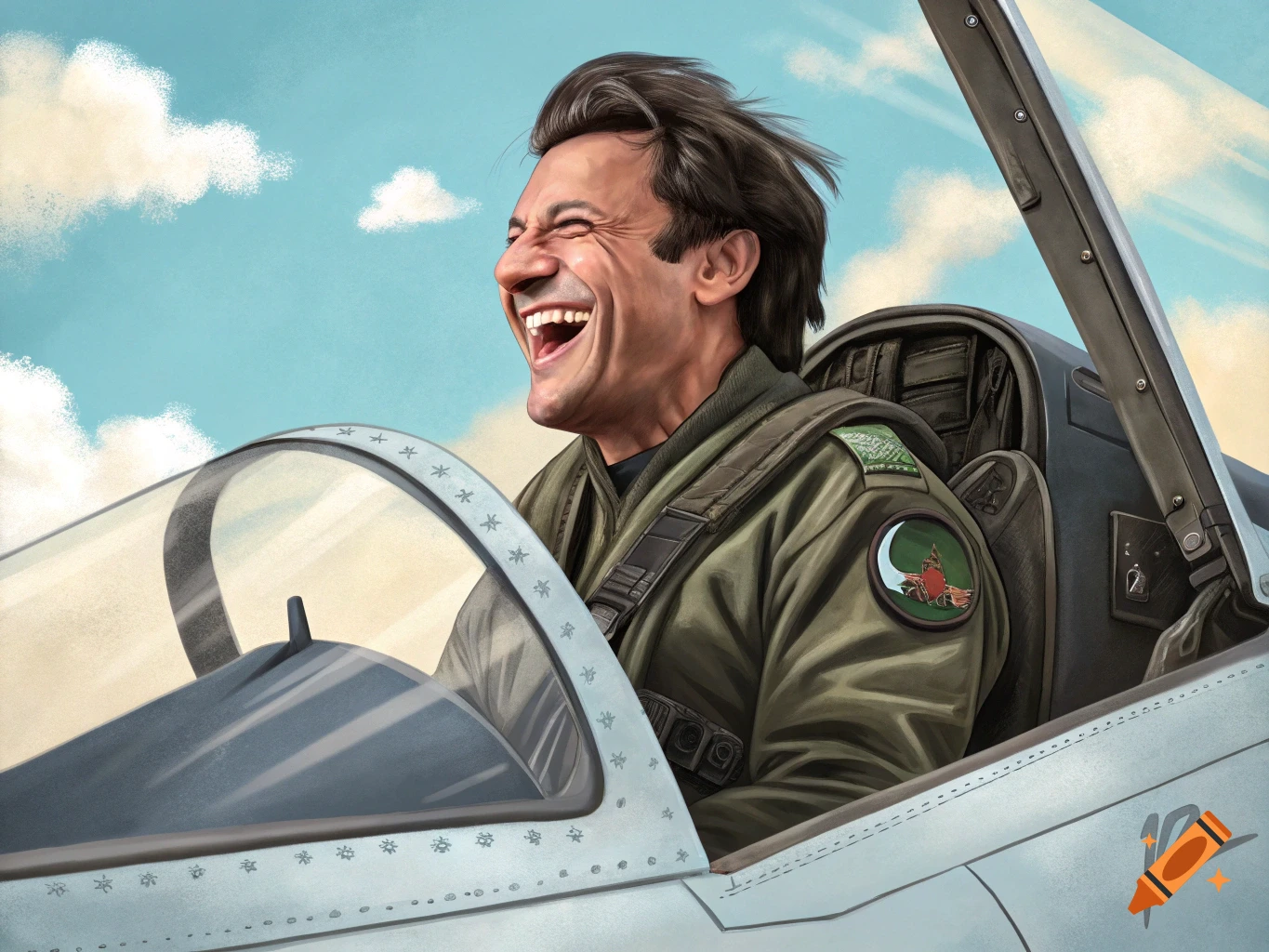 Illustration of a man laughing in a fighter jet cockpit on Craiyon