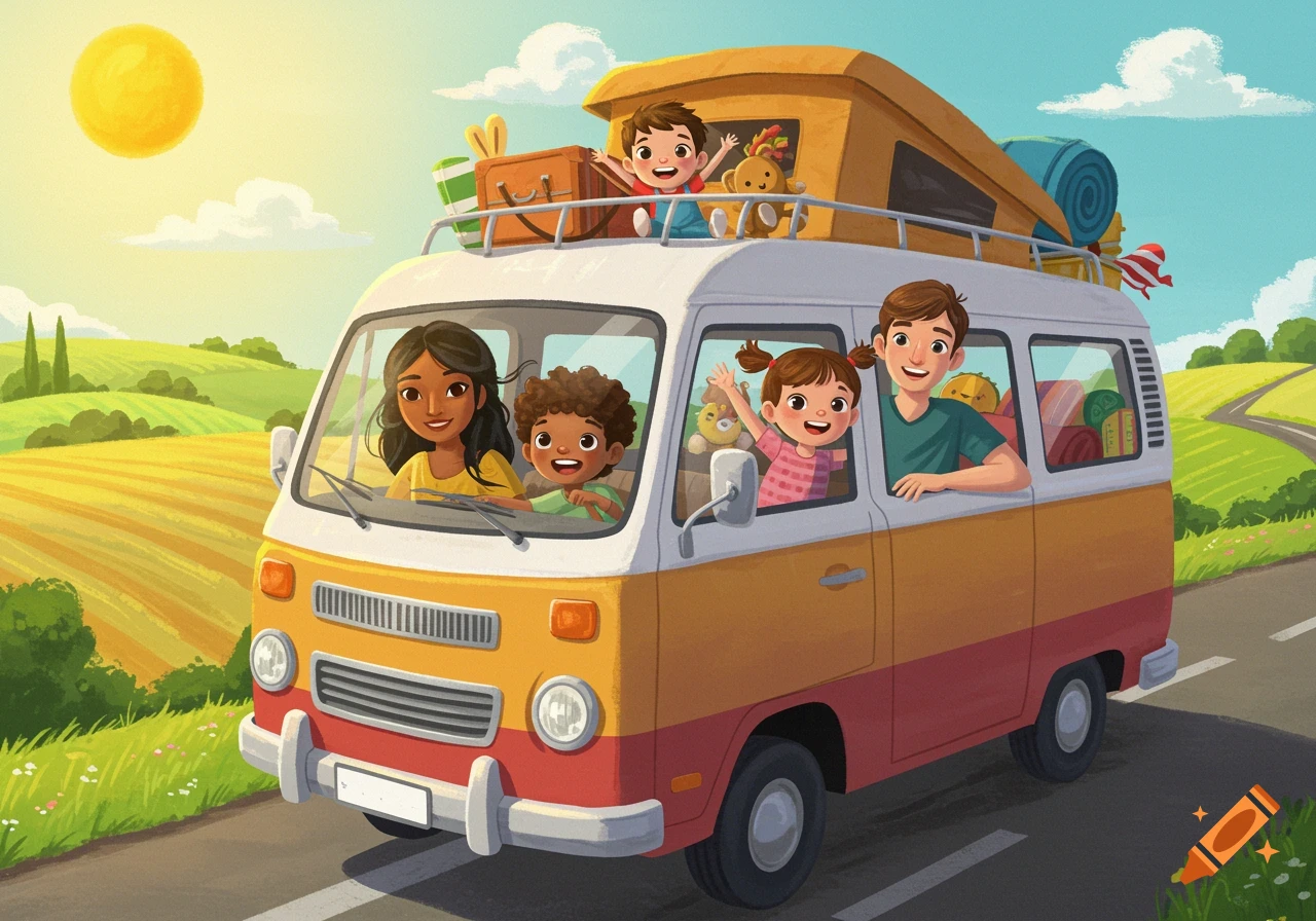 Illustration of a diverse family driving in a colorful van on a sunny ...